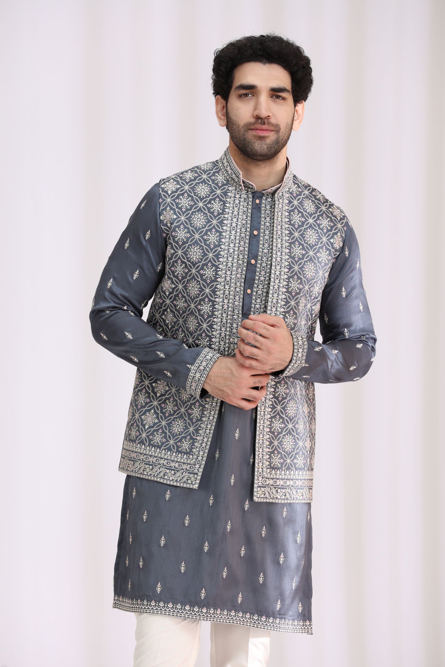 Buy Grey Tissue Silk Geometric Bandi Jacket Set with Zari Work