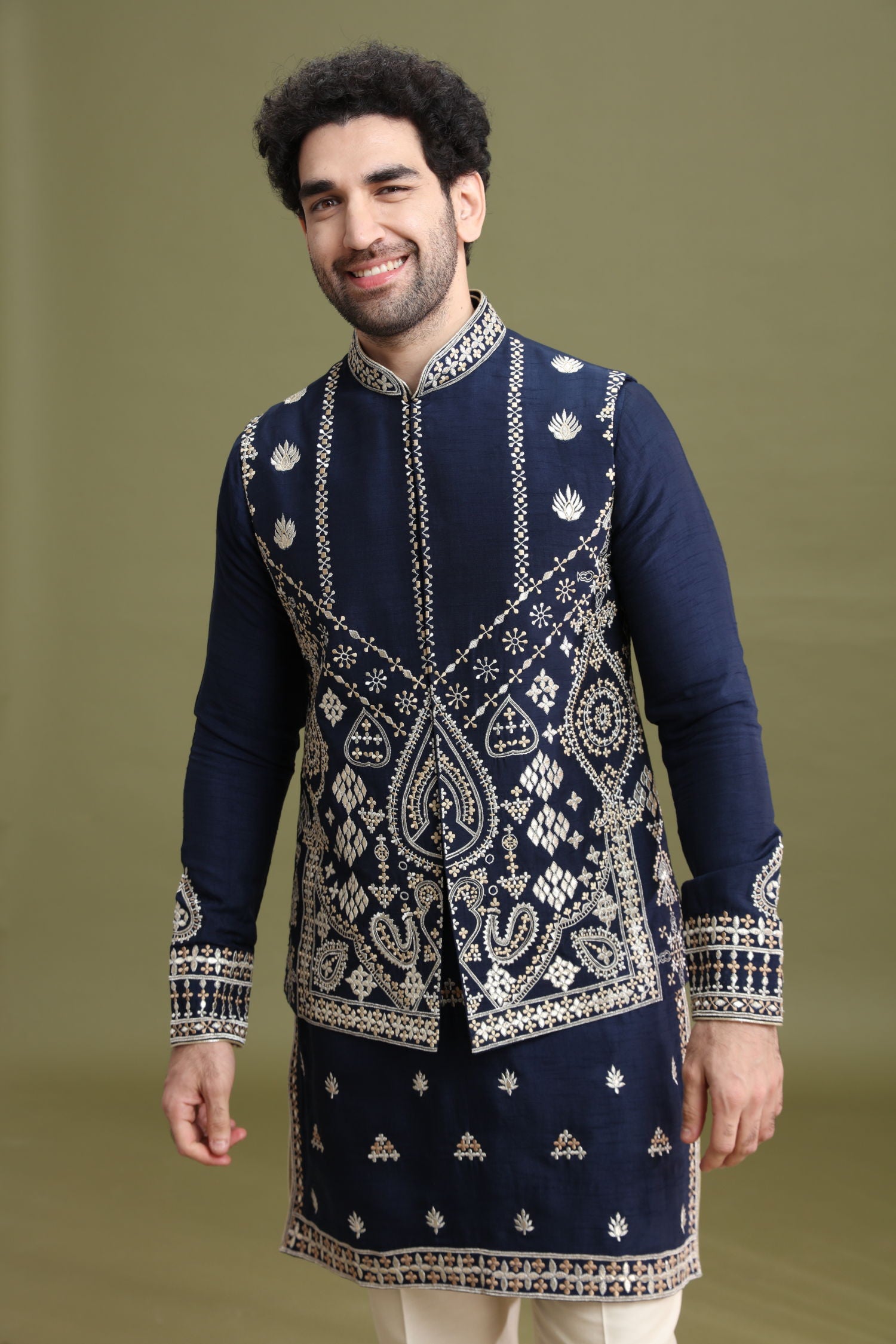 Blue Blended Silk Bandi Jacket Set for Men | Wedding Wear – Kora