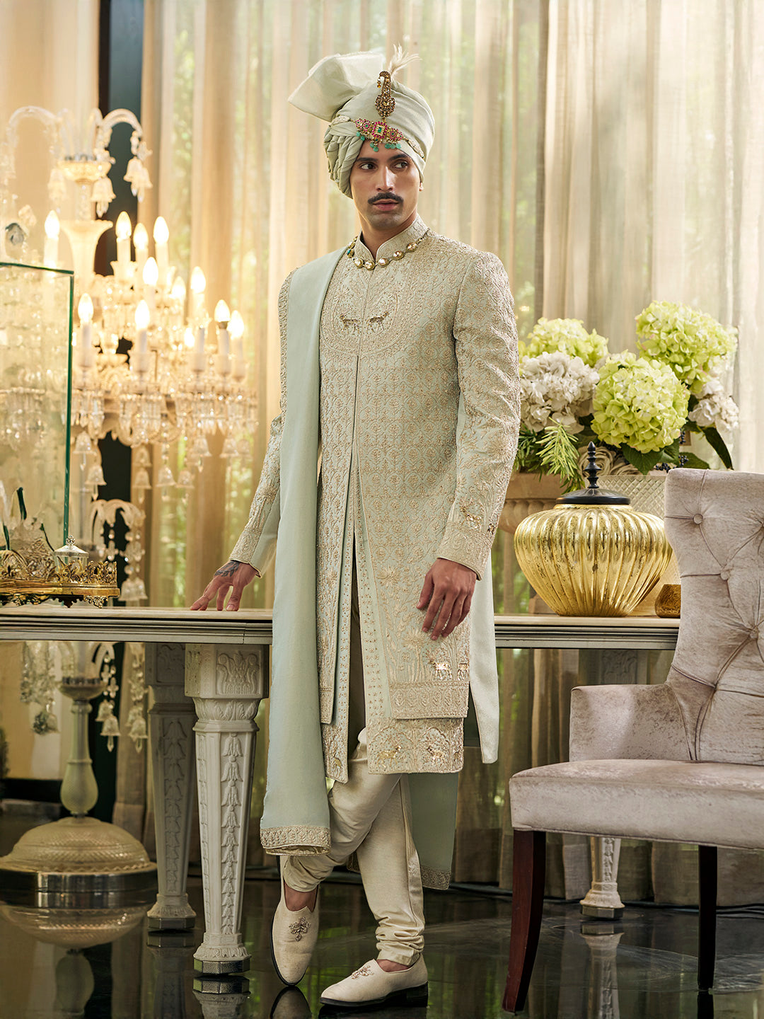 Regal Pista Sherwani in Soft Tissue Silk – Sheer Elegance for Grand Oc